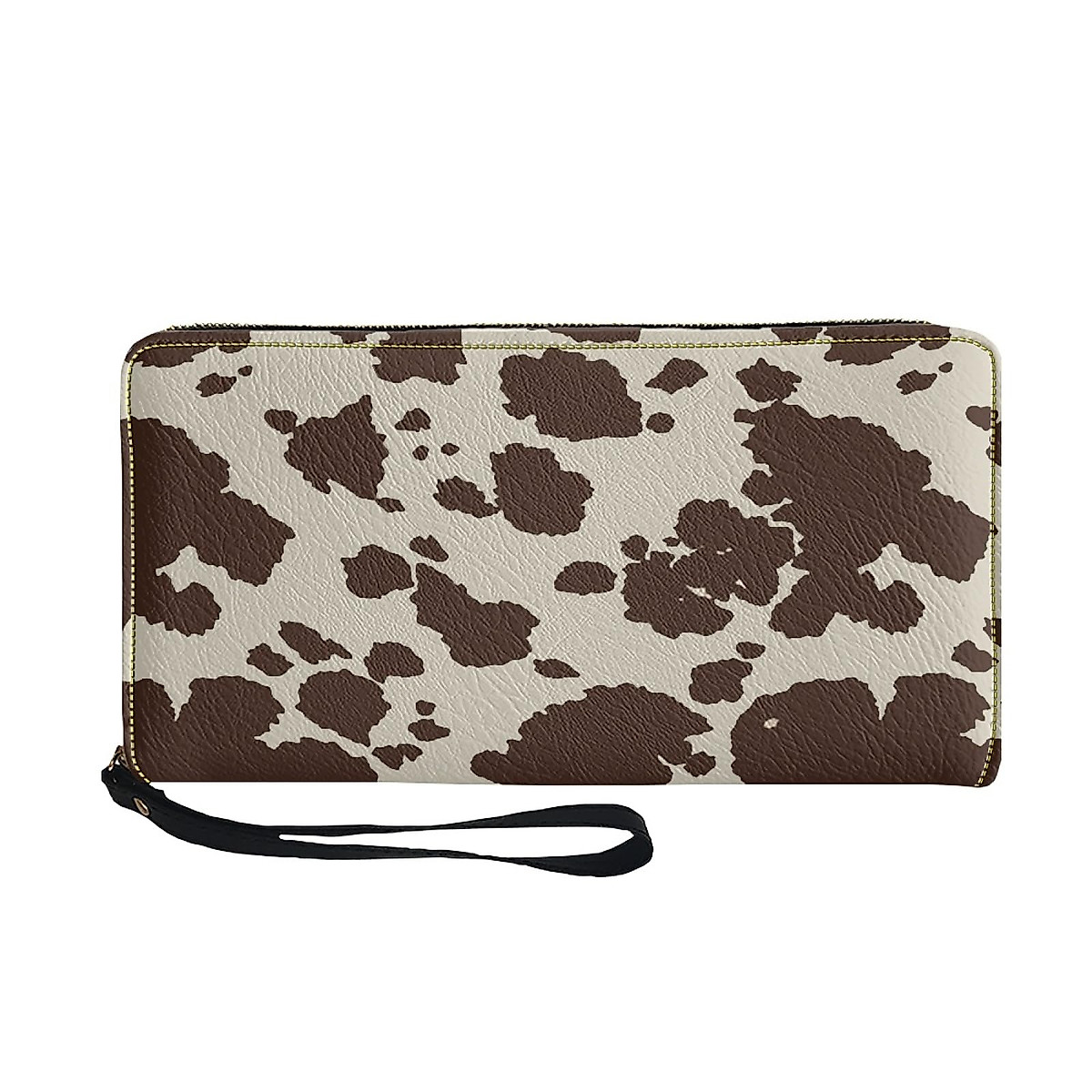 Wanyint Brown Cow Wallets for Women Animal Fur Pattern Zipper Long Purse with Removable Wristlet, RFID Blocking Wallet