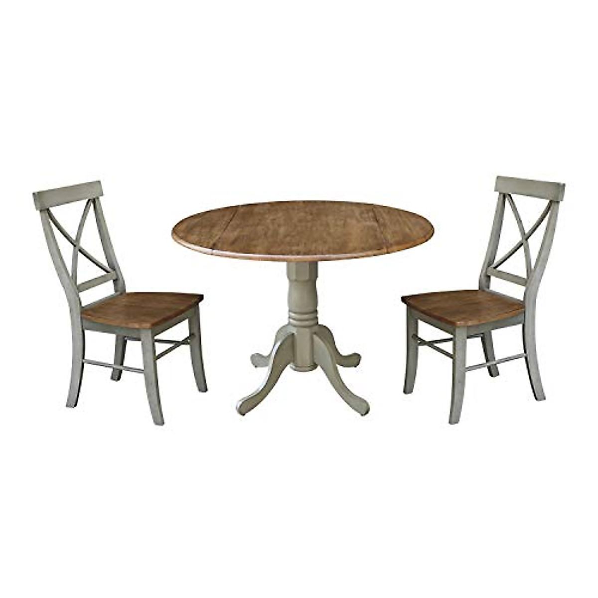 IC International Concepts 42" Dual Drop Leaf Table with 2 X-Back Chairs-Set of 3 Pieces Dining Sets, Distressed Hickory/Stone