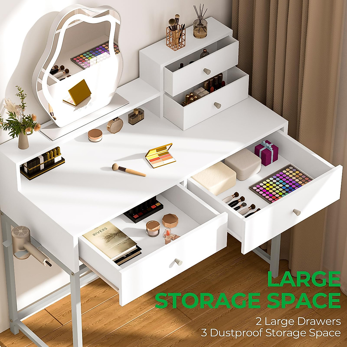 GreenForest White Vanity Desk with LED Lighted Mirror, 31 inch Makeup Vanity with 2 Drawers and Storage Shelves, Small Dressing Table for Women Girl Bedroom, Silver Grey