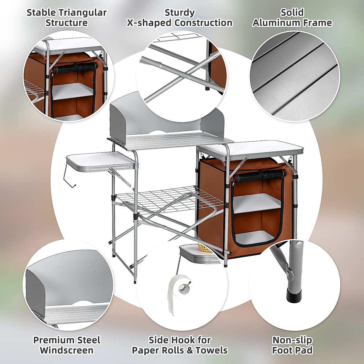 GYMAX Aluminum Portable Camping Kitchen, Folding Cooking Table with 26" Tabletop, Detachable Windscreen & Carrying Bag, Outdoor Grill Table for BBQ, Backyards