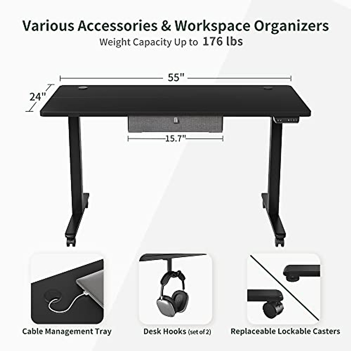 FEZIBO 55 x 24 Inches Standing Desk with Drawer, Adjustable Height Electric Stand up Desk, Sit Stand Home Office Desk, Ergonomic Workstation Black Steel Frame/Black Tabletop