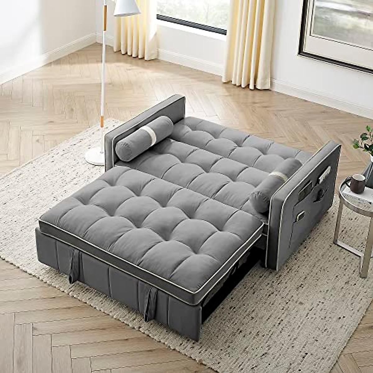 HomSof Modern 55.5" Pull Out Sleep Bed 2 Seater Loveseats Sofa Couch with Side Pockets Adjsutable Backrest and Lumbar Pillows for Apartment Office Living Room, Style E, Grey