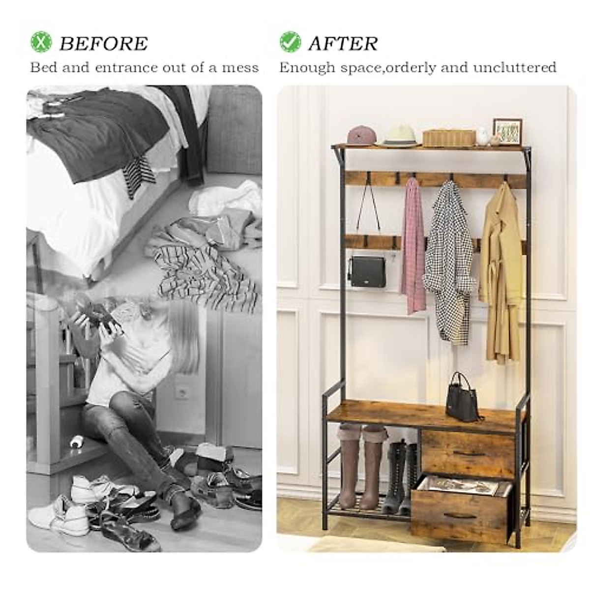 aboxoo Hall Tree with Storage Bench, Coat Rack, 2-Tier Shelves, Fabric Storage Basket, 10 Hooks, Industrial 5 in 1 Large Organizer, Wood Look Accent Furniture-Sturdy Metal Frame (Rustic Brown)