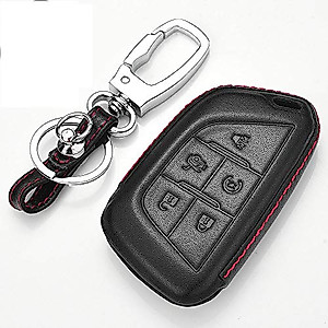Royalfox(TM) for cadillac new blade shape key, 5 buttons leather full protection keyless remote smart Key Fob case Cover keychain For 2020 2021 cadillac ct5 CT4-V Chevrolet Corvette C8 (leather black)