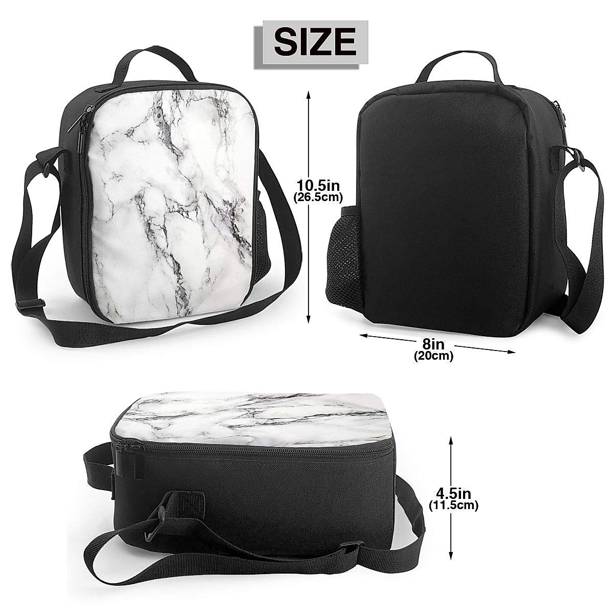 MSGUIDE Simple White Marble Stone Men & Women Insulated Lunch Bag,Reusable Tote Lunch Box with Water Bottle Holder and Adjustable Shoulder Strap for School Office Picnic
