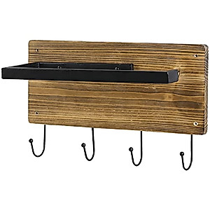 MyGift Wall Mounted Rustic Solid Burnt Wood and Black Metal Paper Towel Rack with Utensil Holder Hanging Hooks, 4-Hook Cooking Tools Hanger and Open End Bar for Easy Roll Refill