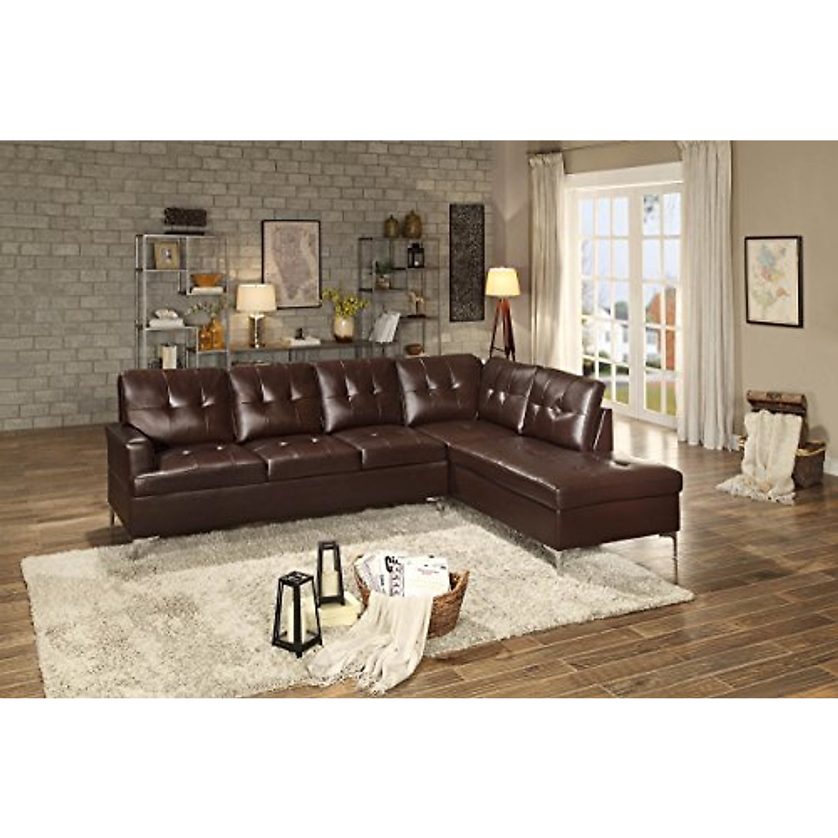 Homelegance Barrington 109" x 108" PU Leather Chaise Sofa, Brown