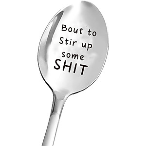 ALONURISH 2PCS Funny Laser Engraved Spoons, Bout To Stir Up Some Shit, Christmas Birthday Gifts for Mom/Grandma/Grandpa/best Friend, 7*1.57 inches, Silver, YANG-N99