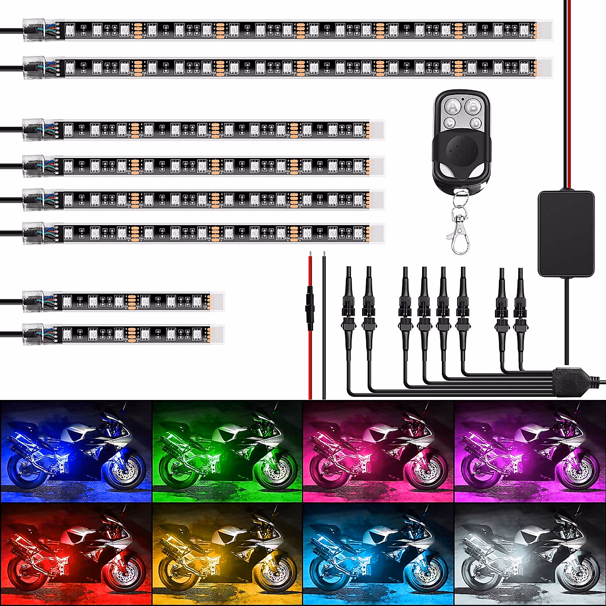 Nilight 8PCS Motorcycle RGB Led Light Kit Waterproof Multi-Color Atmosphere Lights Lamp with 4Key RF Wireless Remote for Harley Davidson Honda Kawasaki Suzuki, 2 Years Warranty (TL-42)