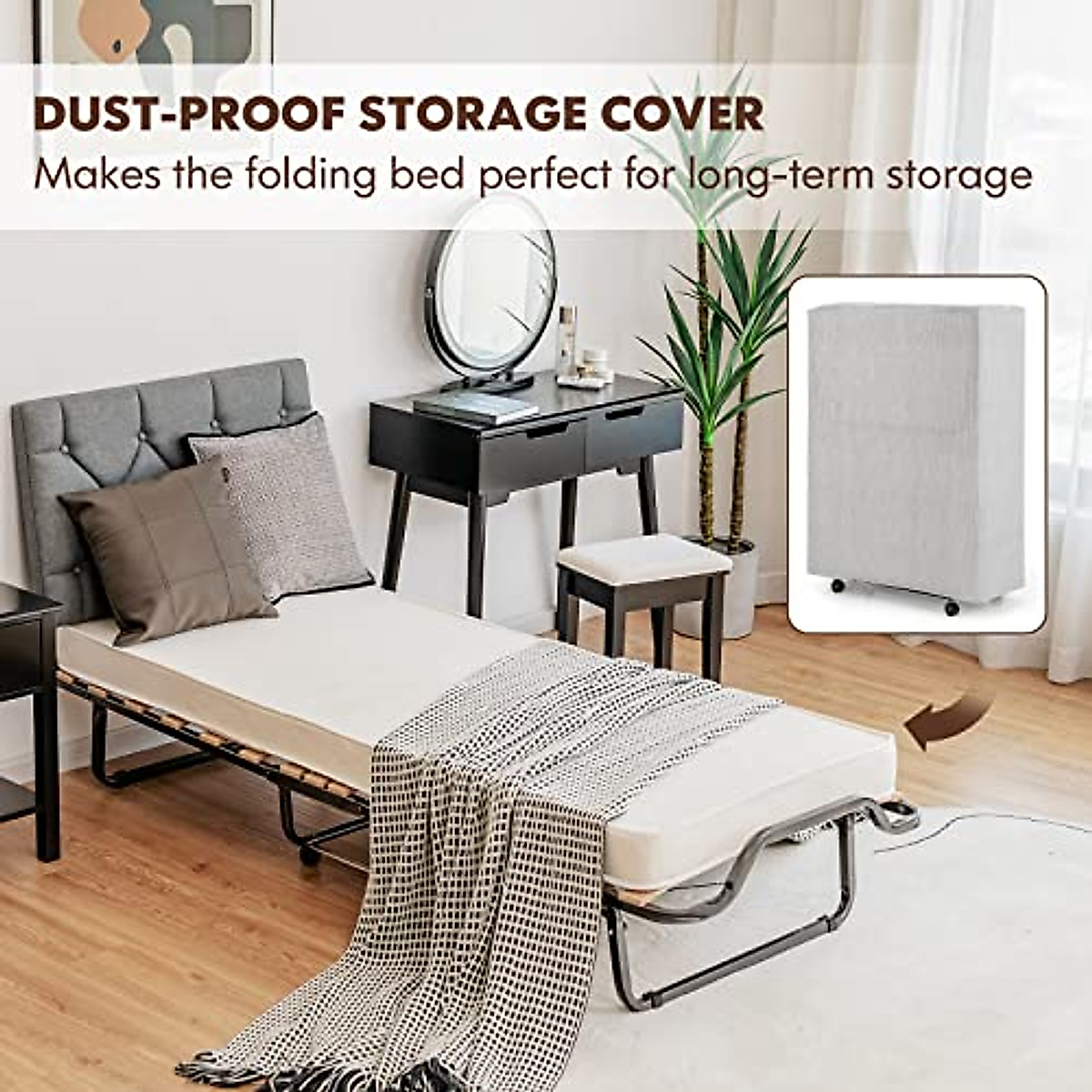 GOFLAME Folding Bed with Memory Foam Mattress, Portable Rollaway Guest Bed with Heavy-Duty Steel Frame & Rolling Casters, Sleeper Bed Cot Size for Adults & Kids, Dustproof Cover Included