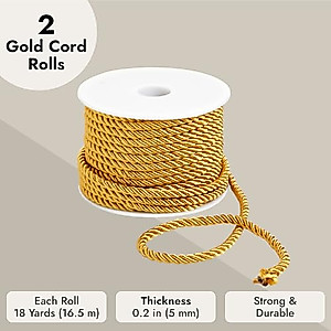 Bright Creations 36 Total Yards 5mm Twisted Gold Cord for Crafts, Gold Rope Ribbon for Sewing, Upholstery Trim,Household Decorations, 2 Rolls of 0.2" Reinforced Polyester Cordage, 18 Yards per Roll
