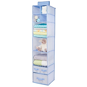 mDesign Soft Fabric Over Closet Rod Hanging Storage Organizer with 7 Shelves and 3 Removable Drawers for Child/Kids Room or Nursery - Herringbone Print - Blue