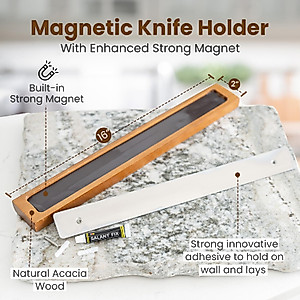 Acacia Wood Stronger Magnetic Knife Holder for Wall (16” x 2” x .78”) - Magnetic Knife Block- Adhesive Knife Magnetic Strip - Easy-to-Install Kitchen Utensil and Holder for Modern Kitchen Knife Holder