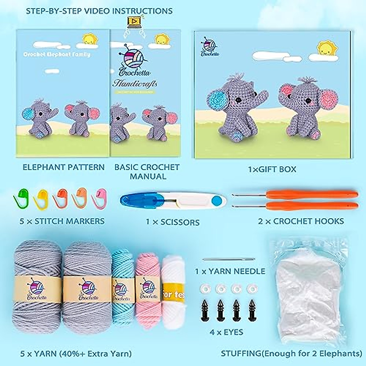 Crochetta Crochet Kit for Beginners, Beginner Crochet Starter Kit with Step-by-Step Video Tutorials, Learn to Crochet Kits for Adults Kids, DIY Knitting Supplies, 2 Pack Elephant Family (40%+ Yarn)