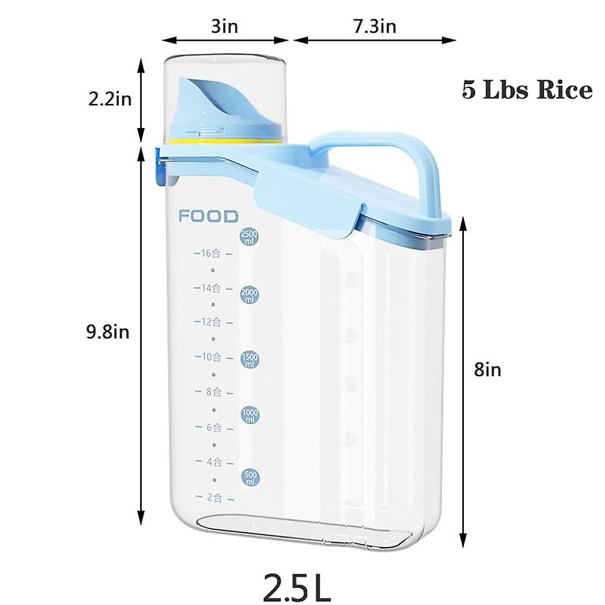 Total 2 items Cereal Containers Storage,Each2.5L Airtight Large Dry Food Storage .1 Blue 1 White.with Measuring Cup，BPA Free Plastic Dispenser，Suitable for Storing Grains Flour and Various Foods.