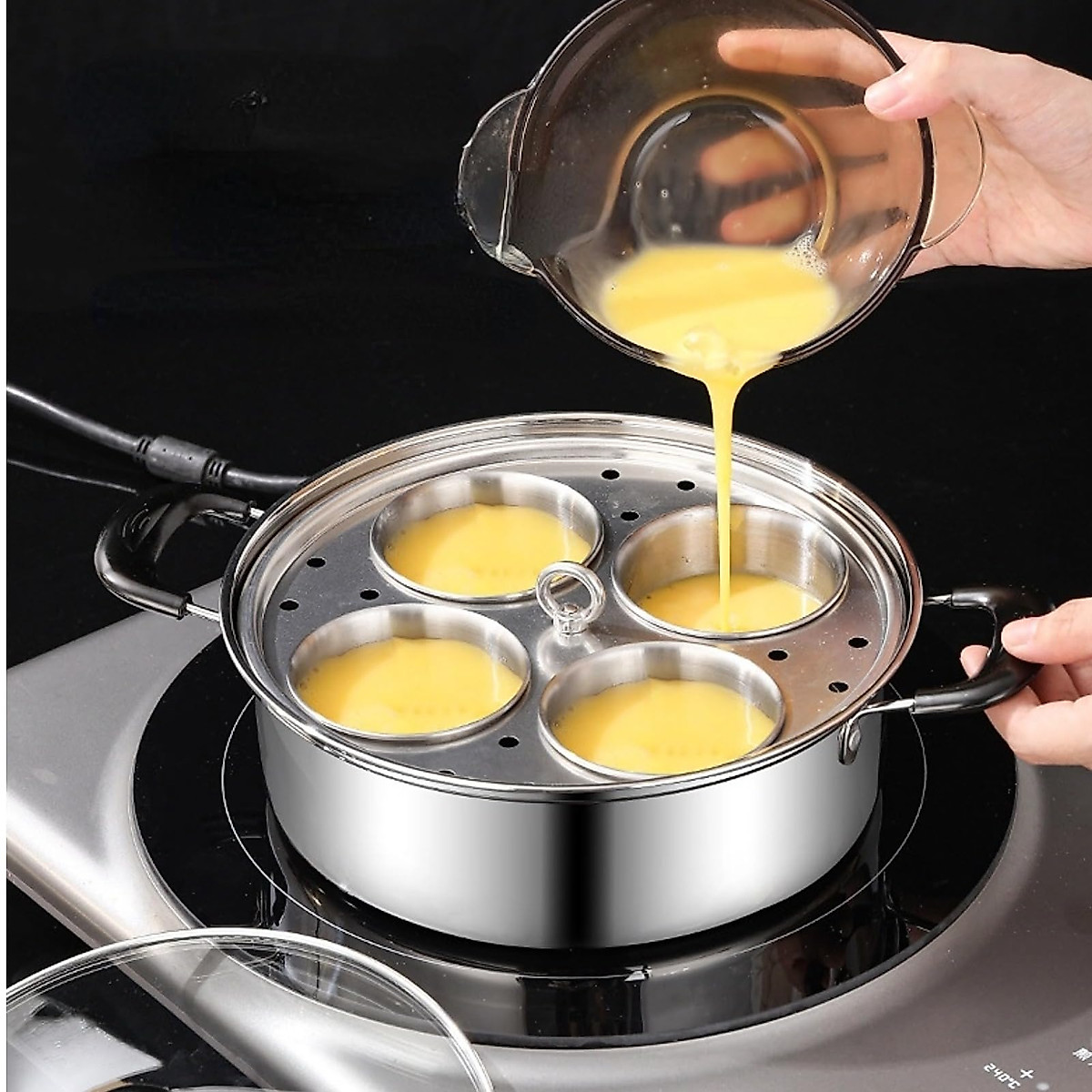 GOVNPJ Egg Poacher Pan, Poached Egg Pan Stainless Steel Egg Pan with 4 Cups Egg Cooker Poached Egg Maker for Kitchen (without coating)