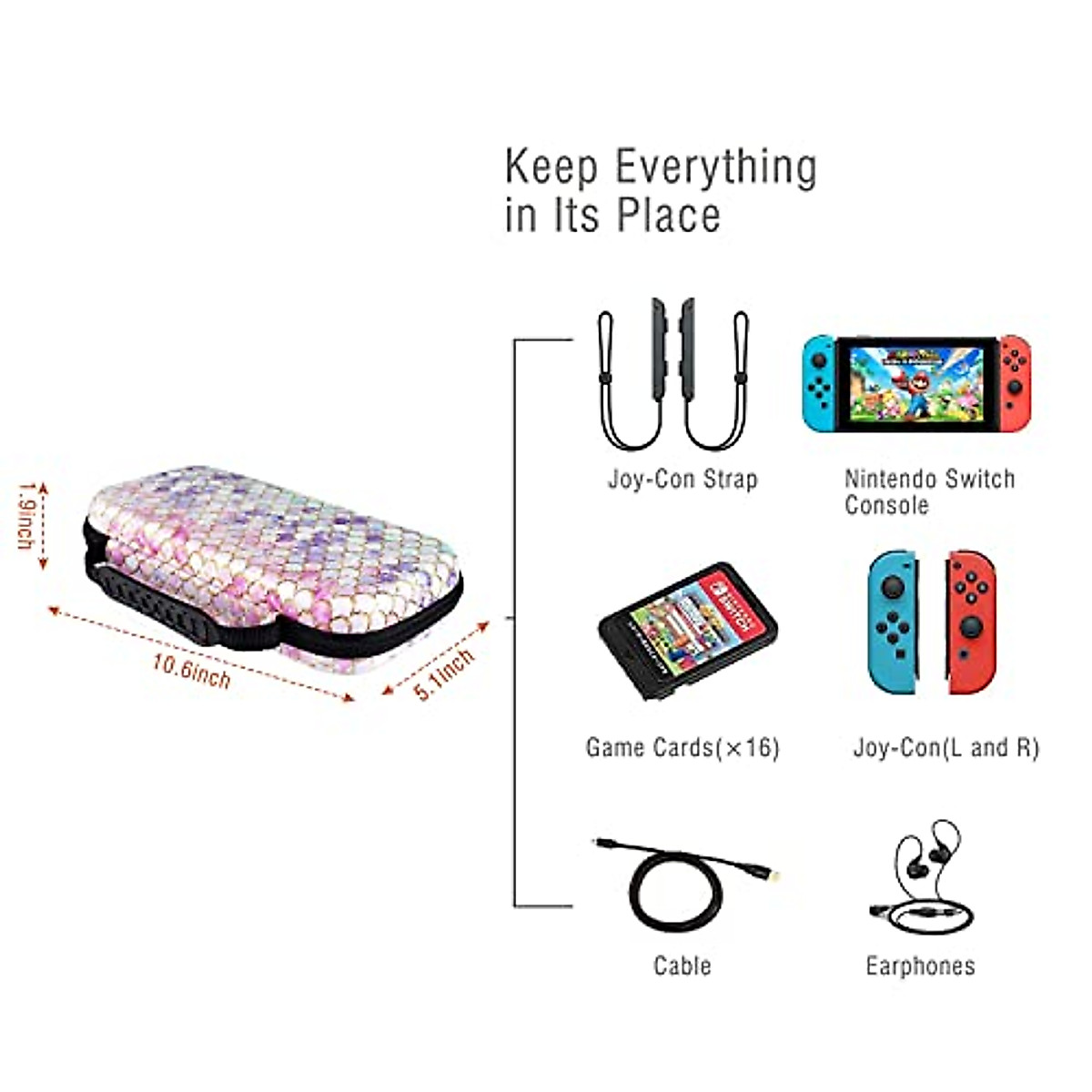 Lokigo Nintendo Switch Case / Nintendo Switch Case OLED Model, Protective Travel Switch Carry Case for Girls Women with 16 Games Cartridges for Console Joy-Con & Accessories, Mermaid