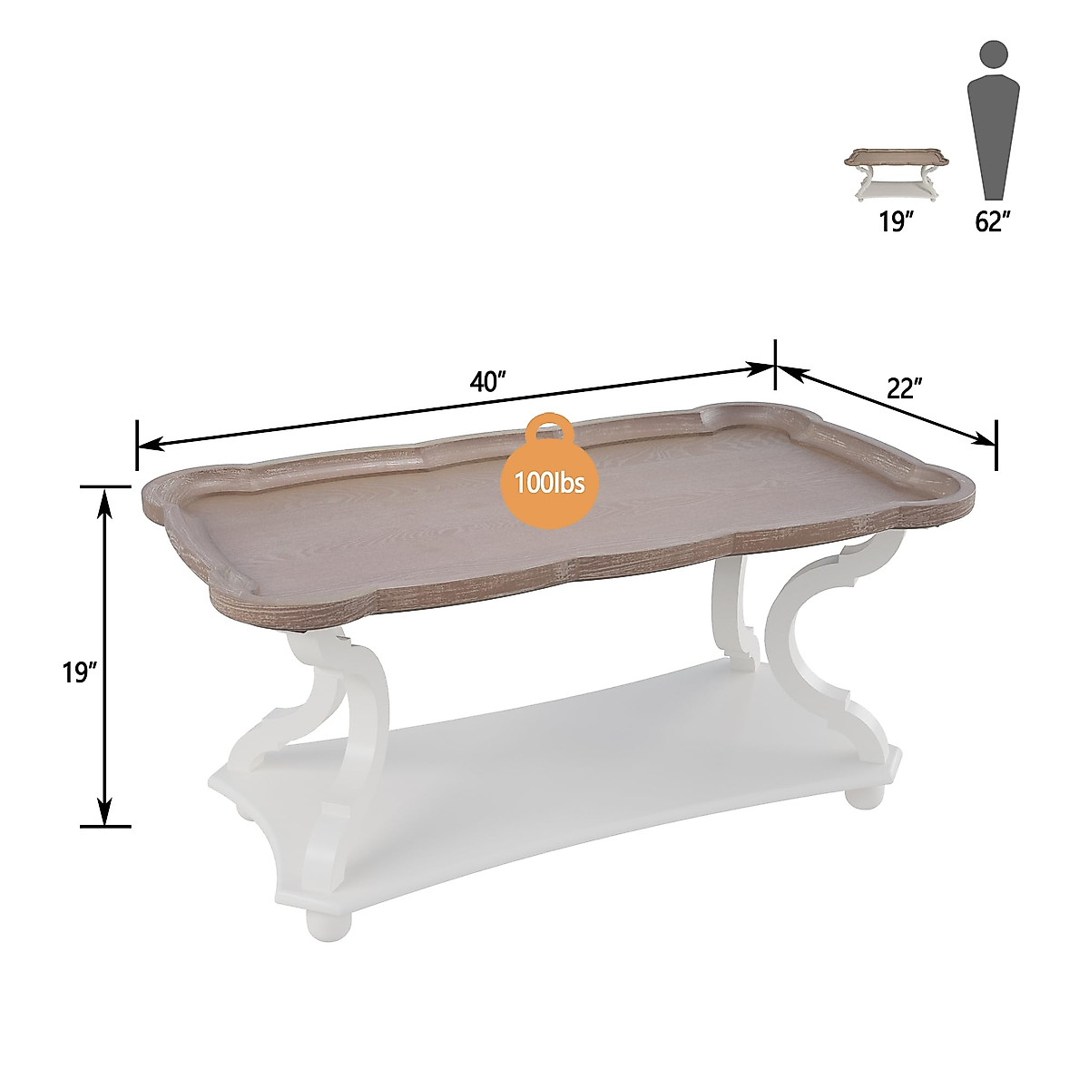 Function Home Farmhouse Coffee Table, Modern Cocktail Table with Storage Shelf, Sofa Table with Natural Tray Top and Carved Legs for Living Room, Bedroom, Dining Room in Vintage White