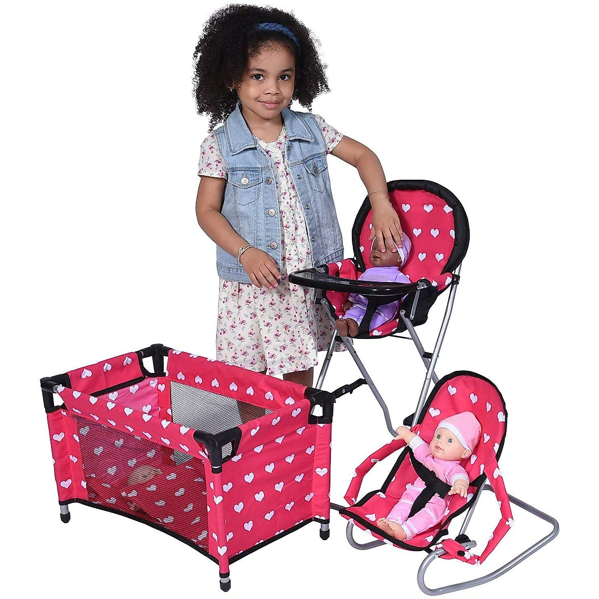 The New York Doll Collection Dolls Mega Play Set with Dolls High Chair, 3-1 Doll Bouncer and Pack N Play Pink for 18-inch Dolls