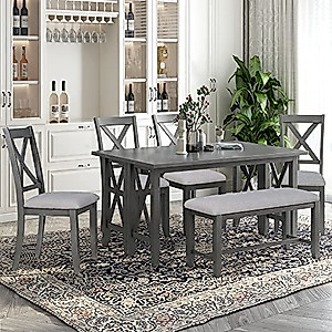 6 Pieces Dining Table Set, Wood Rectangle Table and 4 Chairs with Bench with Cushion, Kitchen Table Chairs Set for 6 Persons (Gray)
