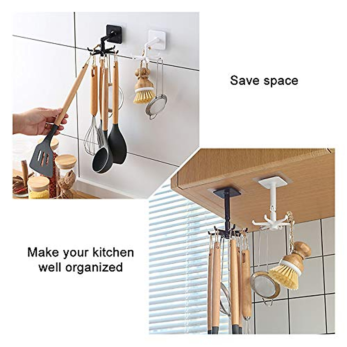2 PCS Kitchen Utensil 360°Rotating Folding Hook Rack Utility Self-Adhesive 6 Claw Wall-Mounted and Under Cabinet Holder Wall Hooks with Heavy Duty Hanging for Home Bathroom Office(Black + White)