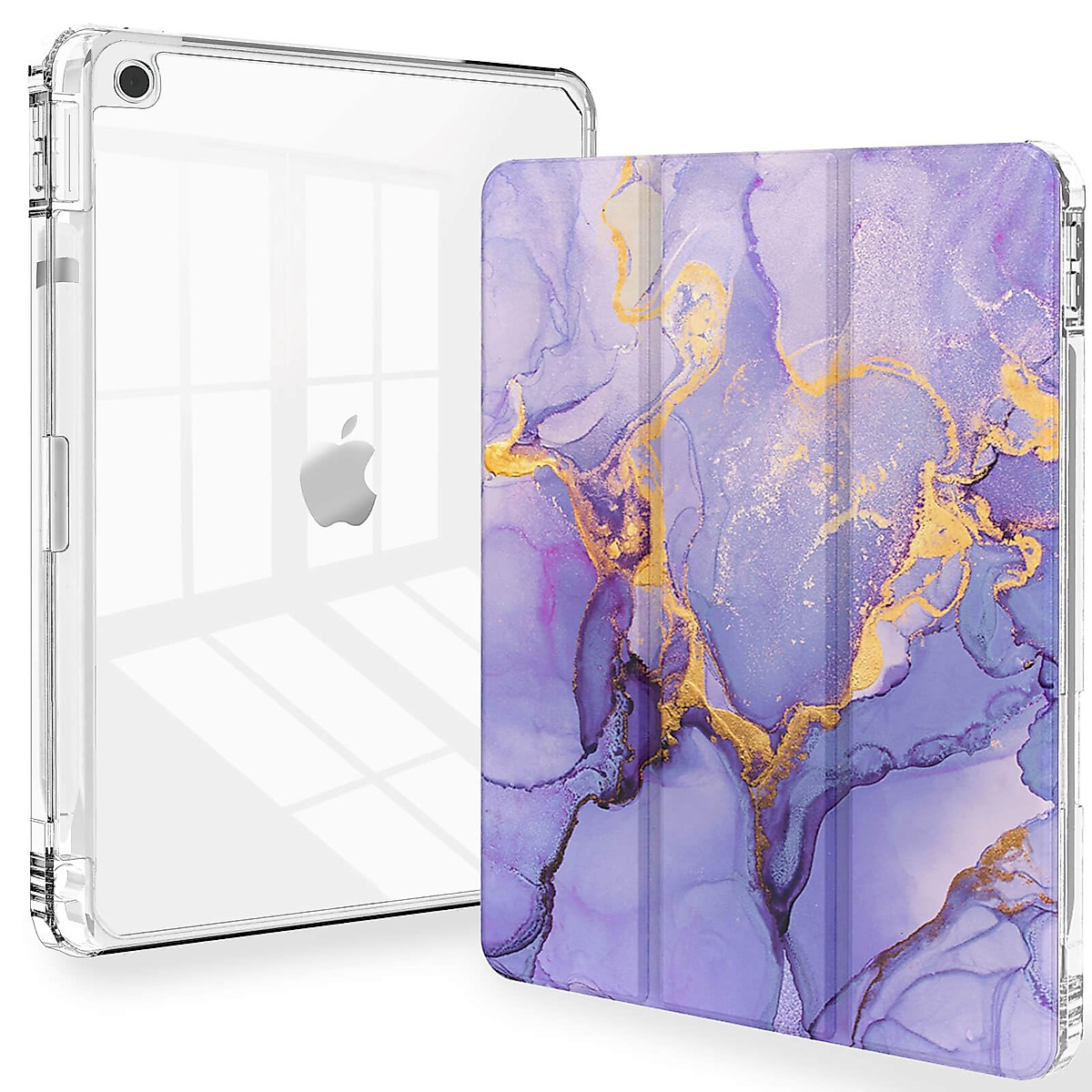 Feams for iPad 9th Generation Case 10.2 Inch, Trifold iPad 10.2 Case Clear Transparent Back Cover with Pencil Holder & Auto Sleep for iPad 9th/8th/7th Generation 2021/2020/2019, Purple Gold Marble