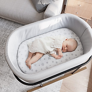 Bassinet Sheets & Waterproof Bassinet Mattress Pad Protector 4 Pack Set, Viscose Made from Bamboo, Universal Fit for Oval, Hourglass and Rectangular Mattress, Grey & White