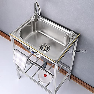 Freestanding kitchen sink, outdoor sink, stainless steel sink with hot and cold water faucet, shelf and drain, suitable for indoor, garage, laundry room, kitchen, outdoor, etc. ( Size : 53*38cm/20*15i