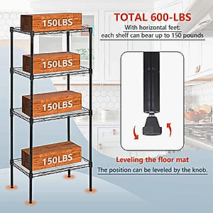 Dlewmsyic 4-Tier Wire Shelving, Adjustable Storage Shelves with 4 PP Sheets 600lbs Capacity Metal Shelf 18L x12W x44H Commercial Storage Rack for Office Garage Kitchen Basement Bedroom, Black