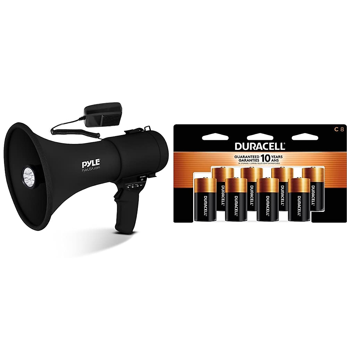 Pyle 50W Portable Megaphone Bullhorn Speaker with Microphone, Alarm Siren & Adjustable Volume - Indoor/Outdoor Use | Duracell Coppertop C Batteries, 8 Count Pack