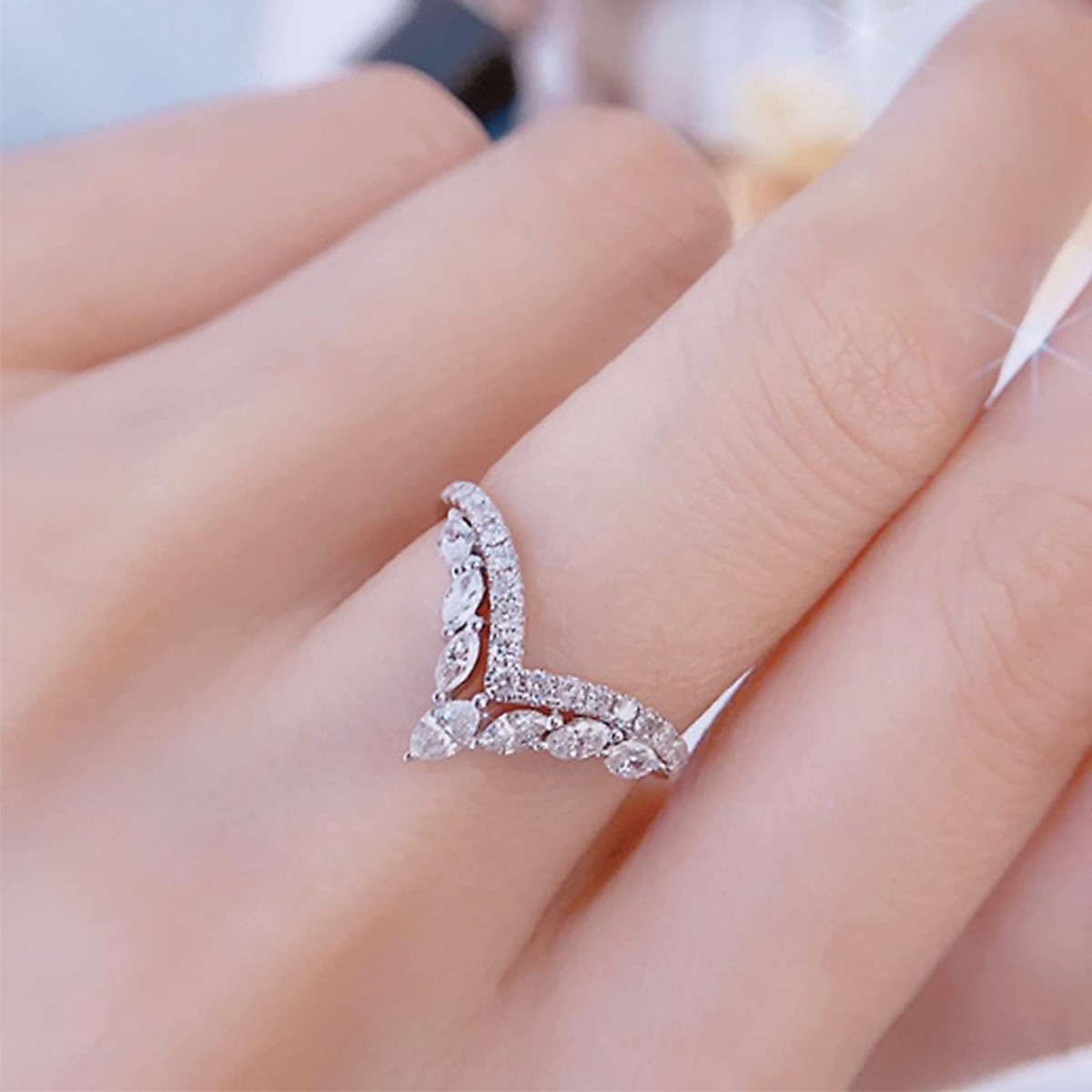 Fashion V-Shaped Crown Ring Princess Engagement Promise Ring Sparkling Wishbone Cubic Zirconia Ring in Sterling Silver Cubic Zirconia Eternity Band Wishbone CZ Stacking Engagement Ring for Women (9)