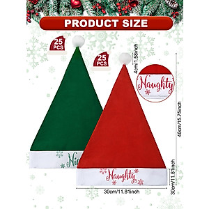 Leumoi 50 Pieces Naughty and Nice Plush Christmas Santa Hats Decorative Red and Green Christmas Hat Xmas Santa Hats for Adults Kids Women Men Funny Decoration Holiday Party Costume Supply