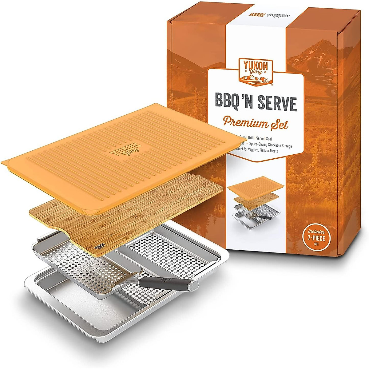 Yukon Glory™ BBQ 'N SERVE Premium Set, Includes 3 Grill Baskets, Serving Tray, Bamboo Cutting Board, Plastic Lid and Clip-on Handle