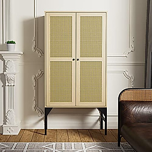 Cozy Castle 63" Rattan Storage Cabinet with Doors and Adjustable Shelves, Tall Accent Pantry Cabinet, Kitchen Cabinet for Dining Room, Living Room, Oak