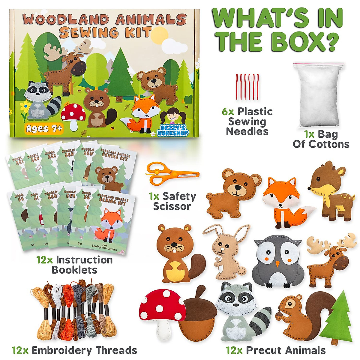 Dezzy's Workshop Sewing Kit for Kids - Woodland Animals Kids Sewing Kit - Make Your Own Stuffed Animal Kit - Felt Stitch Art and Craft Toys for Boys and Girls - Childrens DIY Crafting and Sewing