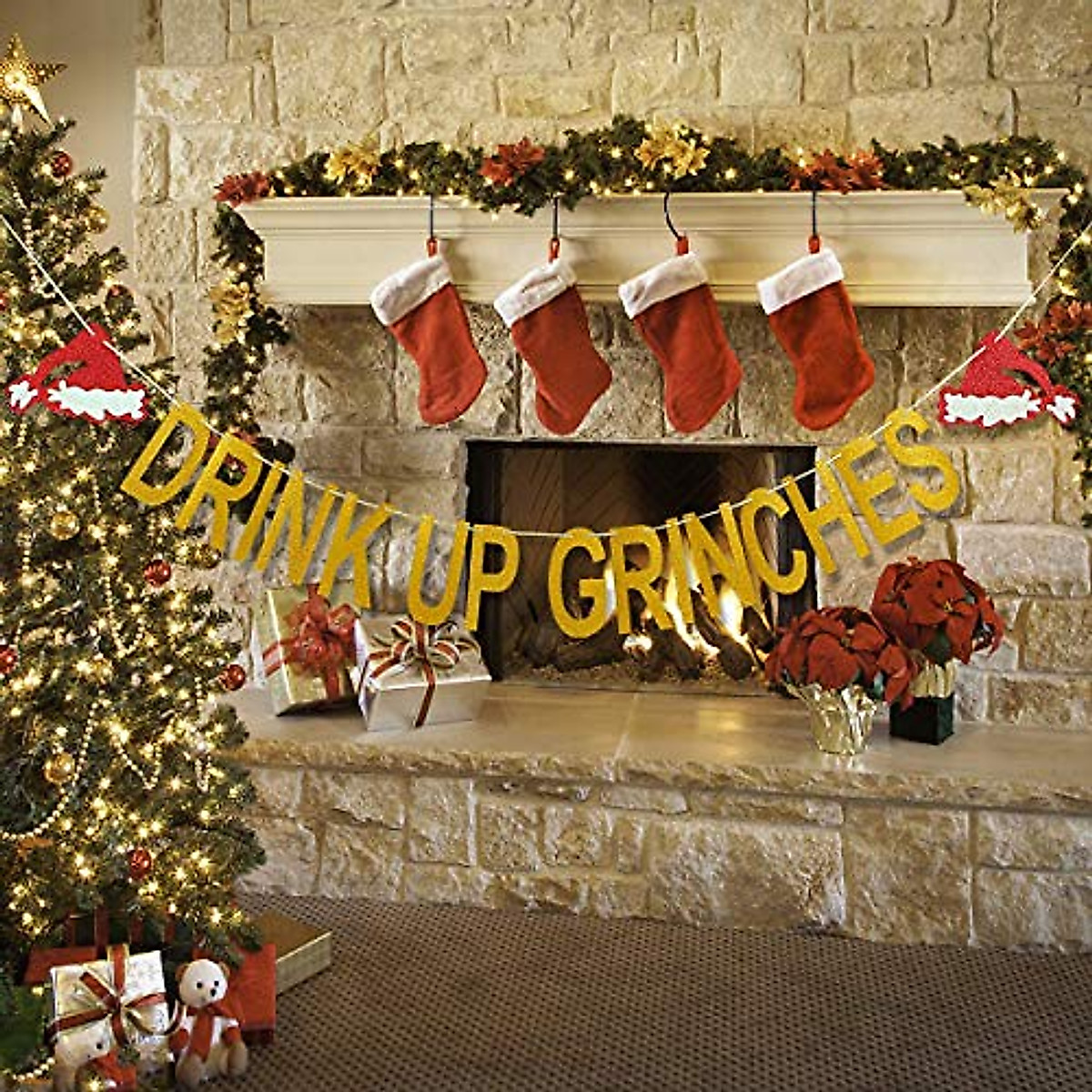 LeeSky Drink Up Grinches Banner Gold Glitter Grinch Christmas Decorations, The Grinch Party Decor, Merry Christmas Banner, Ugly Christmas Sweater Party Decor