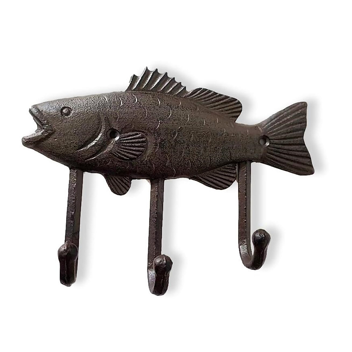 The Bridge Collection 8 1/2" Bass Fish with Hooks - Key Wall Hanger - Bass Fish Coat Hanger - Brown Key Holders - Nautical Key Holder - Gift for Fishermen and Fish Lovers - Decorative Bass Coathanger