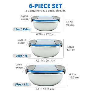 Lunememo Nest Stainless Steel Food Storage Containers, Airtight Metal Lunch Box Set with Lockable Leakproof Lids, BPA Free, 6-Piece