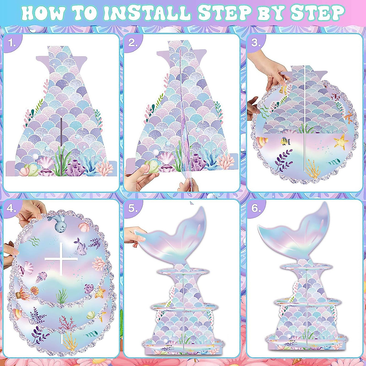 SEVEMIL 3 Tier Mermaid Cupcake Stand, Blue & Pink, Cardboard, 12"H