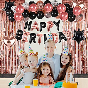 Rose Gold Black Happy Birthday Party Decorations for Women Girls, Decor Set for Her, Happy Birthday Banner, Foil Balloons, Fringe Curtains, Crown, Cake Topper for 13th 16th 18th 21st 30th 40th 50th