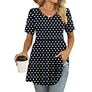 YVH Women's Summer Tunics Babydoll Tops Casual Short Sleeve Long Peplum Blouse Shirts, Polka dot black, XL