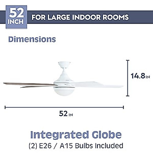 Prominence Home 80094-01 Ashby Ceiling Fan with Remote Control and Dimmable Integrated LED Light Frosted Fixture, 52" Contemporary Indoor, 5 Blades White/Grey Oak, Farmhouse White