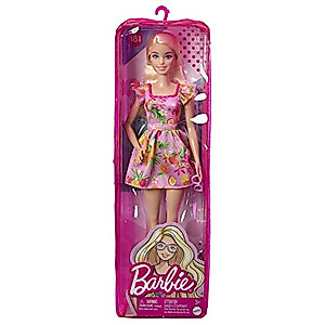 Barbie Fashionistas Doll, with Blonde Hair & Fruit Print Dress, Ruffled Sleeves, Orange Platform Heels, Pink Eyeglasses, Toy for Kids 3 to 8 Years Old