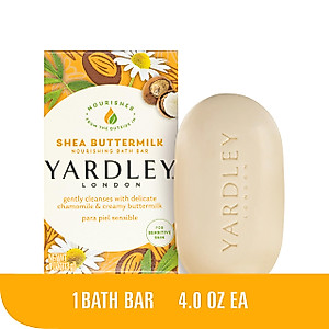 Yardley London Nourishing Bath Soap Bar Shea Buttermilk for Sensitive Skin, Gently Cleanses with Delicate Chamomile & Creamy Buttermilk, 4.0 oz Bath Bar, 1 Soap Bar