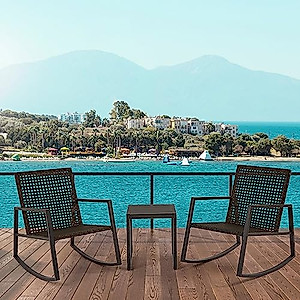 Eongdn 3 Pieces Outdoor Rocking Chairs Set, Wicker Bistro Set with 2 Rocking Chair, All Aluminum Side Table, for Lawn, Garden, Courtyard, Balcony, Brown Rattan Grey Frame