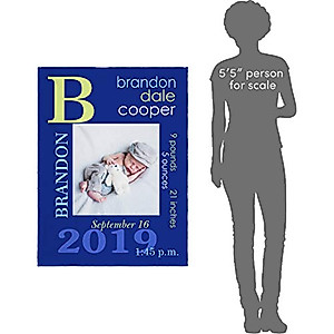 Personalized Baby Photo Newborn Blanket with Birth Information for Girls and Boys. Customized Name Blanket from Baby's Name, BirthDate, Weight. Gift for New Born Baby, New Dad Mom Grandma (Blue)