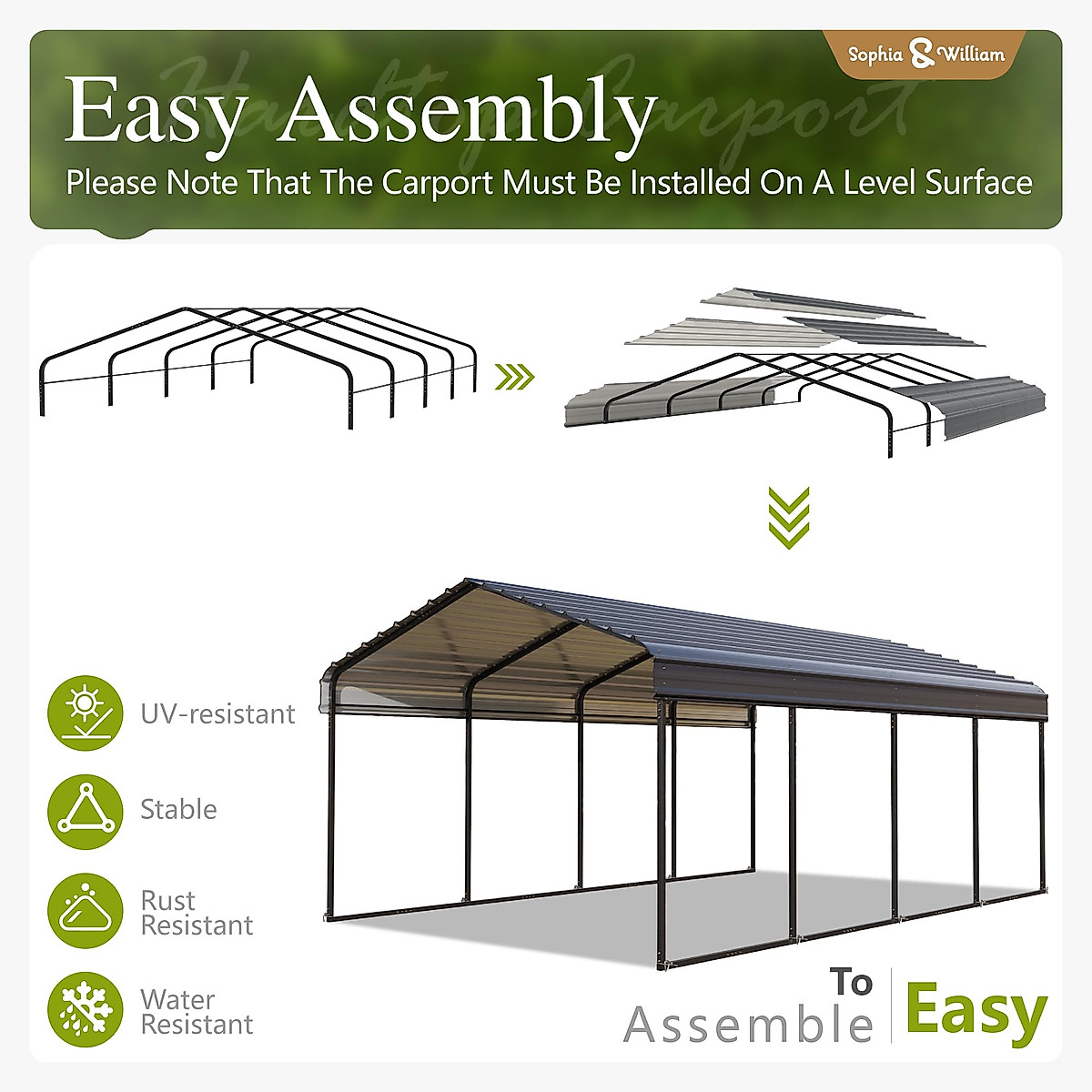 Carport Car Port Metal Canopy 12x20 ft Heavy Duty for Snow, Portable Garage Kit Shed Tent Shelter Metal Frame All Weather Outdoor for Boat with Anti-Leak Seam Taped, Dark Grey, Sophia & William