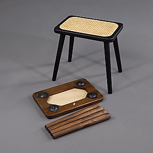 [PJ Collection] Natural Rattan Top Wood Stool, with Portable and Detachable Legs, Handcrafted Wood Stool, Lightweight Stool, Hand Woven, Comfortable Support (Rectangle, Walnut Wood)