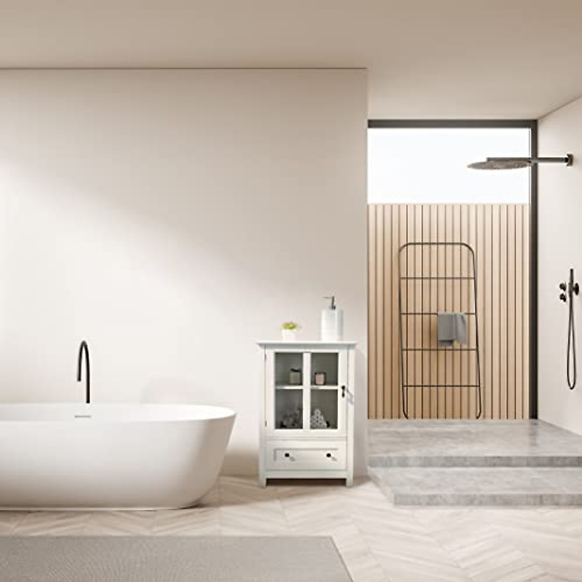 Knocbel Modern Storage Cabinet with Metal Handles, Single Glass Door, Compartments and Drawer, Buffet Sideboard for Kitchen Dining Room Hallway Entryway, 22" L x 14.4" W x 31.7" H (White)