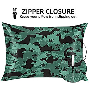 Silk Satin Pillowcase Standard Size for Hair and Skin, Teal Camo Cute Animal Dinosaur Cooling Pillow Case with Hidden Zipper Soft Breathable Pillow Cover Gifts for Women Men, 20x26in